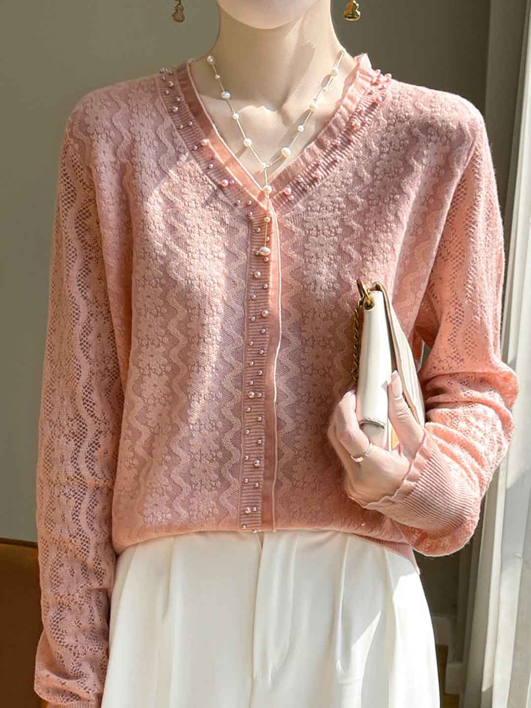 Maya Chic V-Neck Lace Beaded Jacquard Knitted Top – Roselili