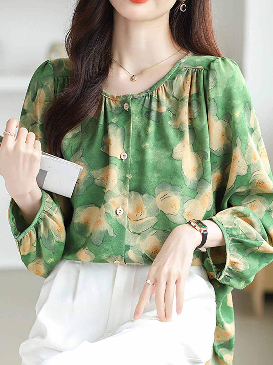 Hannah Loose Crew Neck Printed Blouse – Roselili