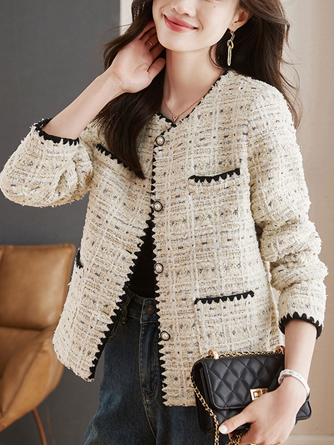 Rachel French Style Crew Neck Tweed Jacket – Roselili