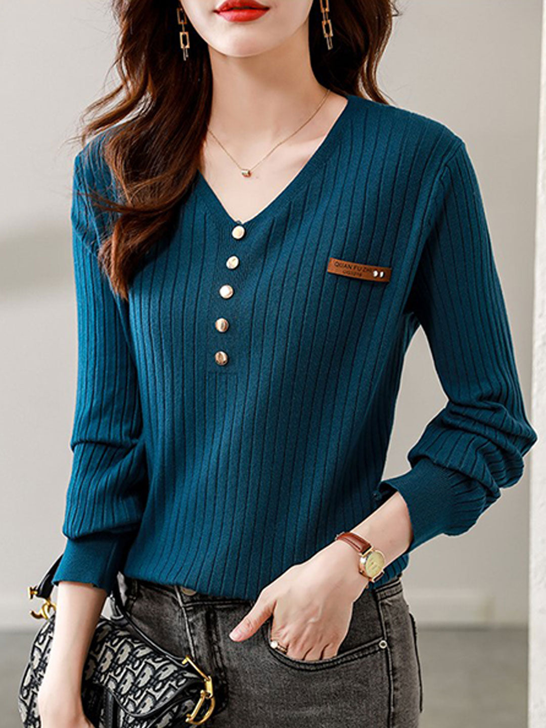 Hannah Vintage V-Neck Chain Knitted Top – Roselili