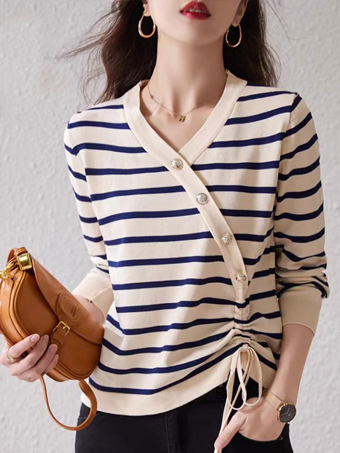 Abigail Casual V-Neck Drawstring Striped Knitted Top – Roselili